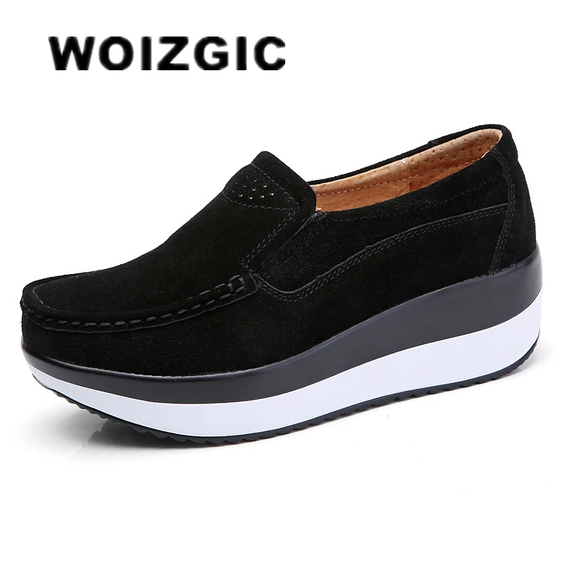 WOIZGIC mocasines planos de piel auténtica para mujer, calzado elegante de ante de vaca, con ...