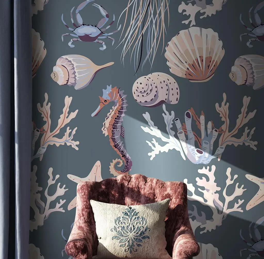 Custom-Underwater-world-conch-shell-starfish-mural-wallpaper-for ...