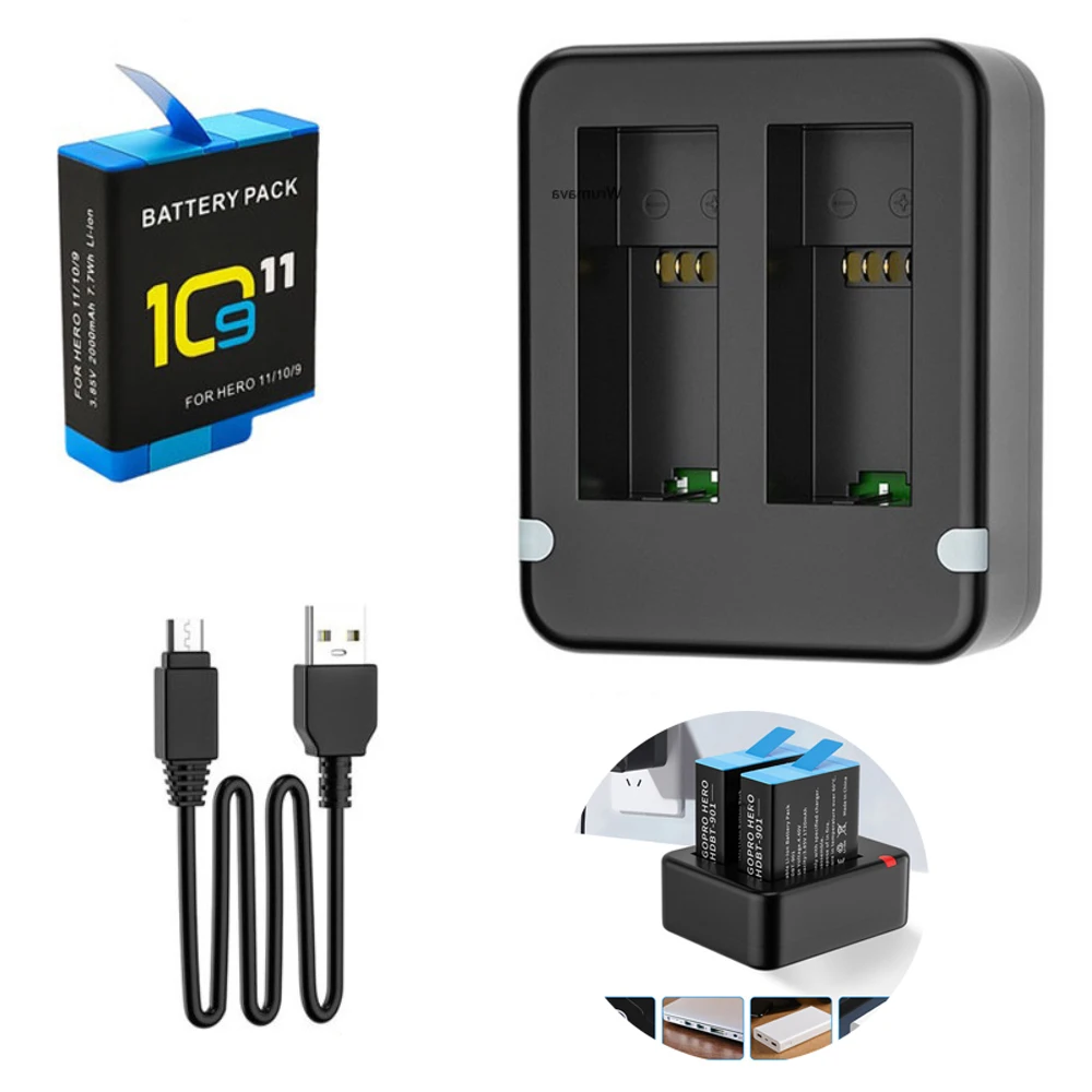 Dual Port Slot Double Battery Charger For Gopro Go Pro Hero 11 10 9 ...