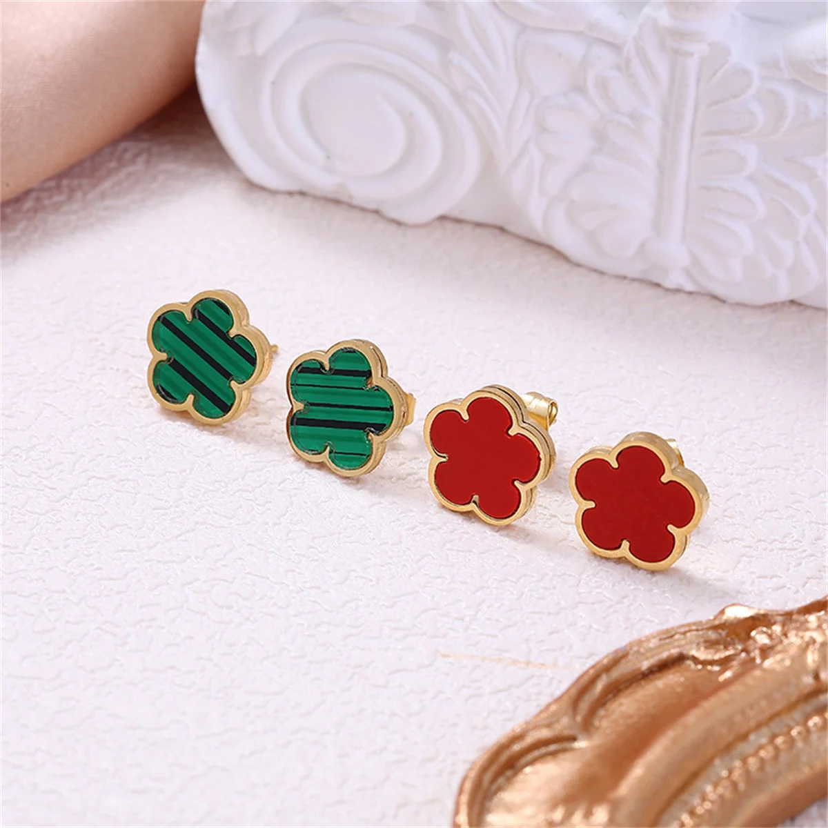 Lucky Clover Earrings Fashion Five leaf Flowers Stud Simple Stainless Steel Flower Stud Earrings ...