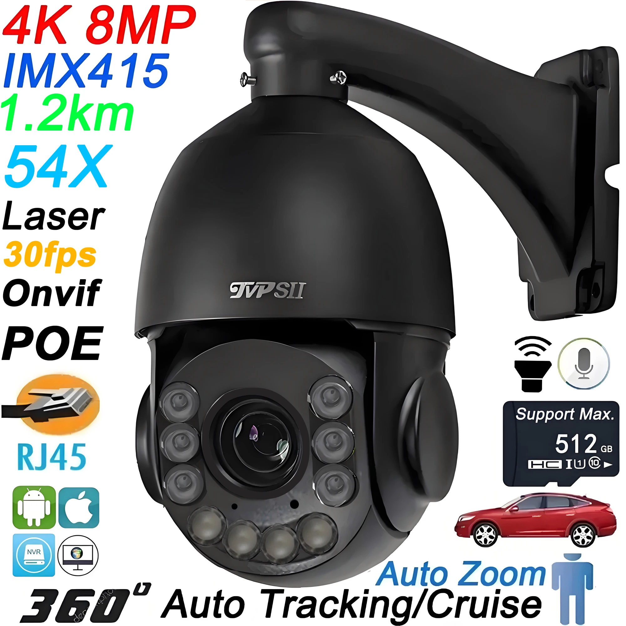 Laser Infrared Auto Tracking Cruise 30fps 8MP 4K 54X Optical Zoom 360 ...