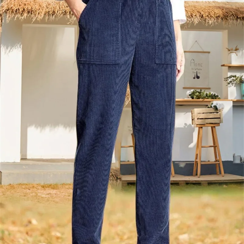 Spring-and-Autumn-Women-s-Solid-Color-Elastic-Patch-Pocket-Mid-Waist ...