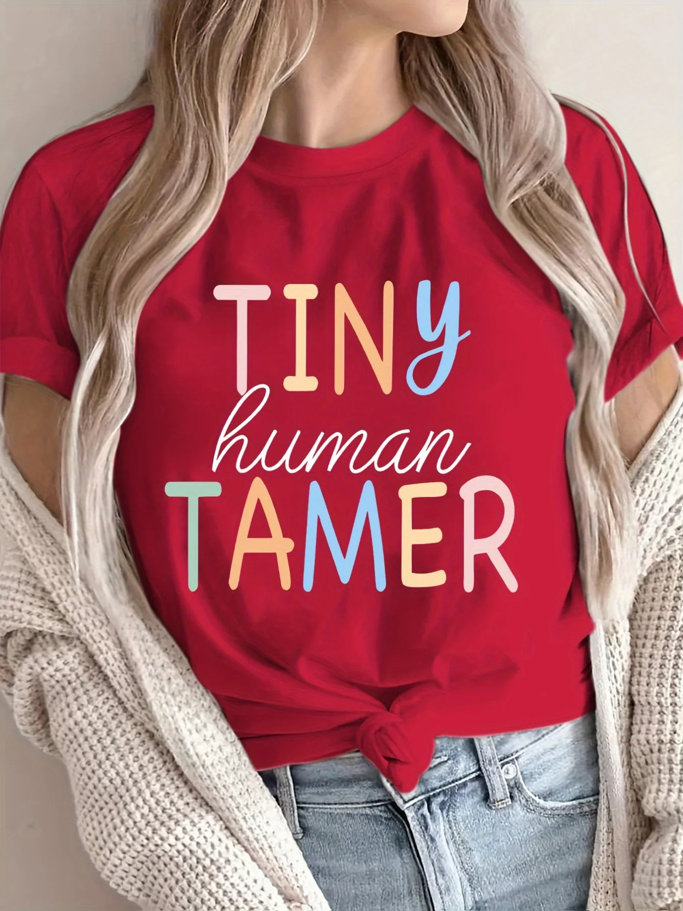 Women's Casual Crew Neck T-Shirt "Tiny Human Tamer" Letter Print Summer ...