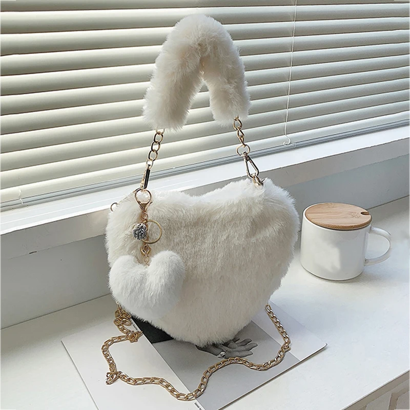 Faux-Fur-Heart-shaped-Women-Small-Handbags-Fluffy-Plush-Ladies-Chain ...