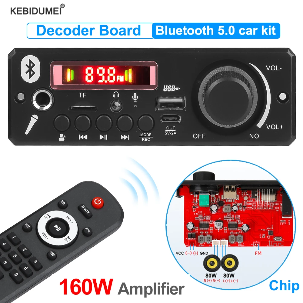 Bluetooth 5.0 MP3 Decoder Board 2*80W 160W Amplifier Audio Player 12V ...