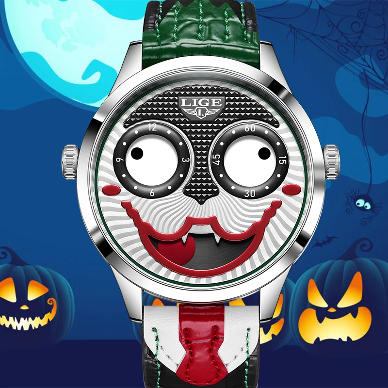 Fashion Creative Clown LIGE Quartz Watches for Men Casual Sport Leather ...