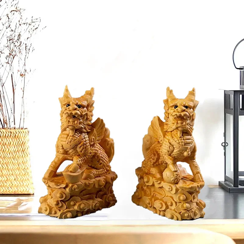 Wood-Carving-10cm-Kirin-Mascot-Statue-Solid-Wood-Art-Carving-Chinese ...