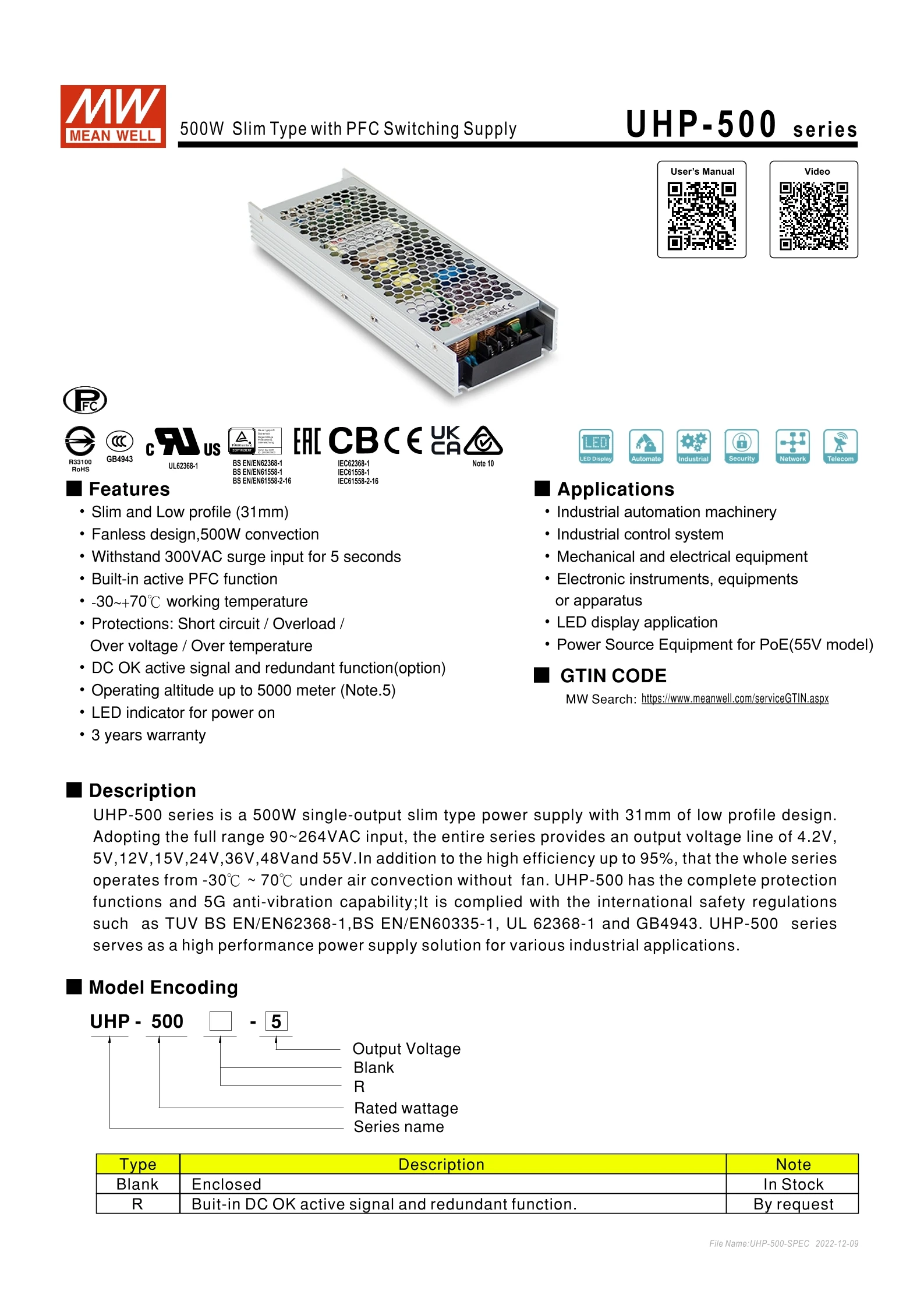 UHP-500 series MEAN WELL UHP-500-5 UHP-500-12 UHP-500-15 UHP-500-24 UHP ...