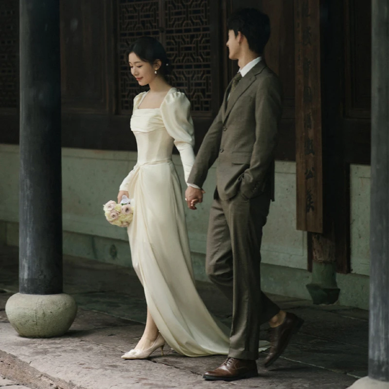 Simple Square Collar Wedding Dress Satin Long Sleeves Backless High ...