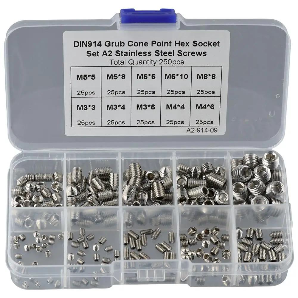 250Pcs-M3-M4-M5-M6-M8-Set-Screws-Cone-Point-Srews-304-Stainless-Steel ...