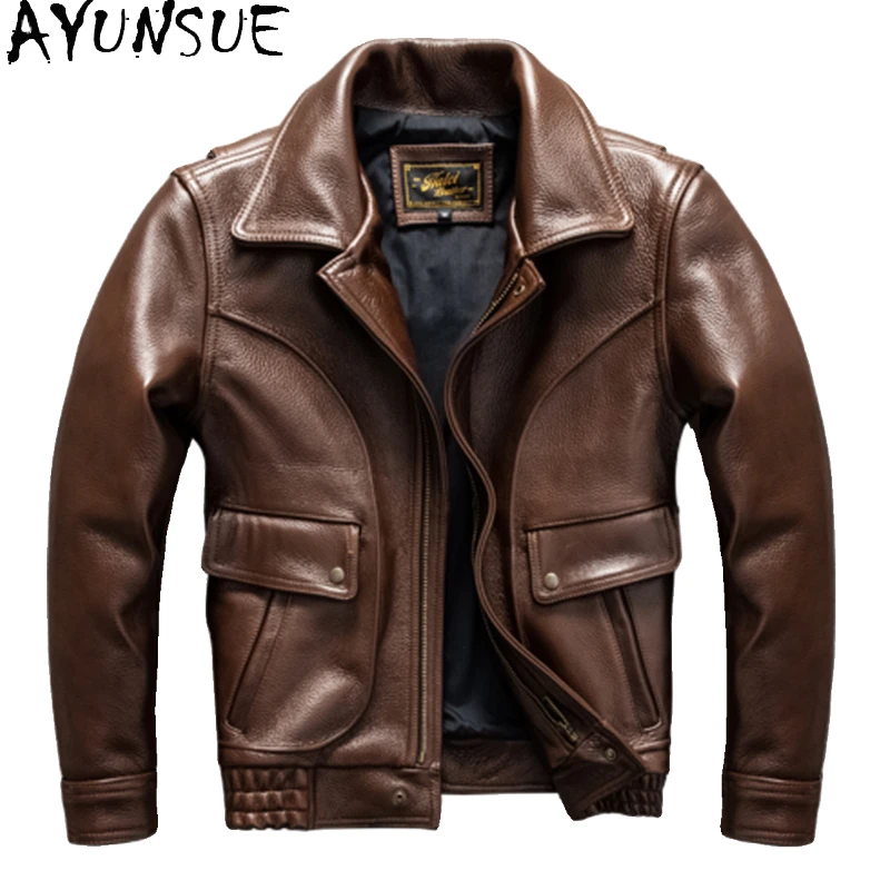 AYUNSUE-Men-Leather-Jacket-Real-Cowhide-Mens-Clothing-Autumn-Short ...