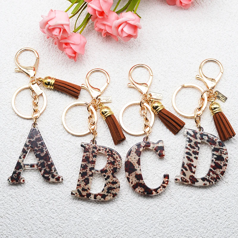 New Leopard Print English Letter Acrylic Keychain Tassel Bag Ornaments ...