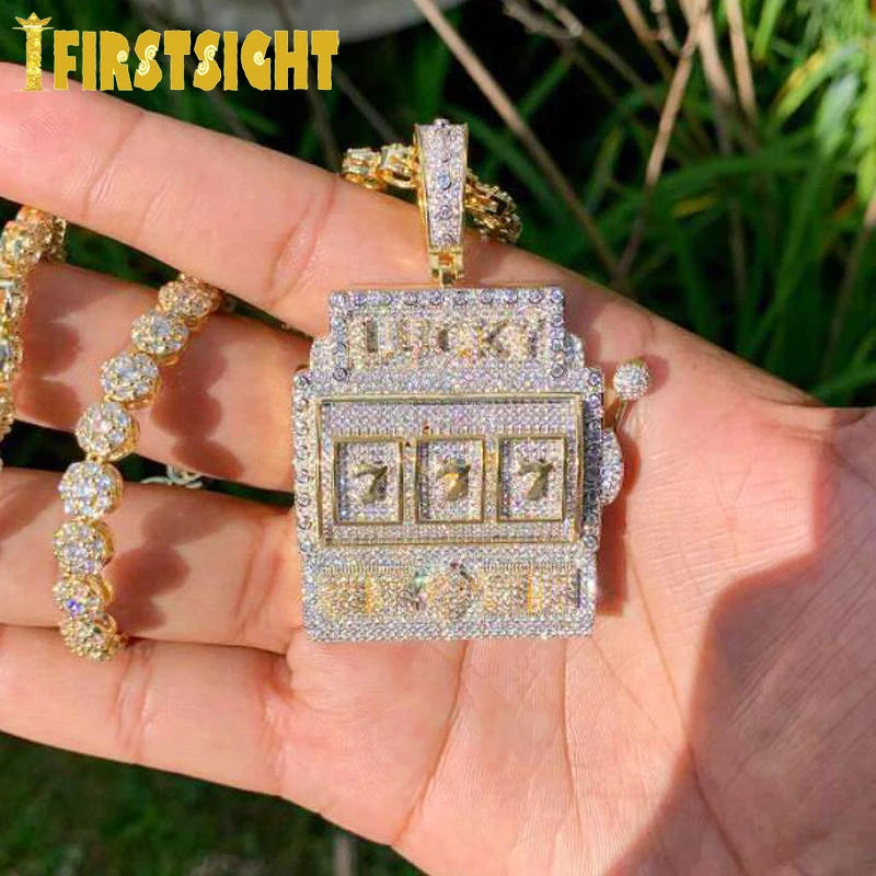 Iced Out Bling Slot Machines Pendant Necklaces Two Tone Color Color 5A ...