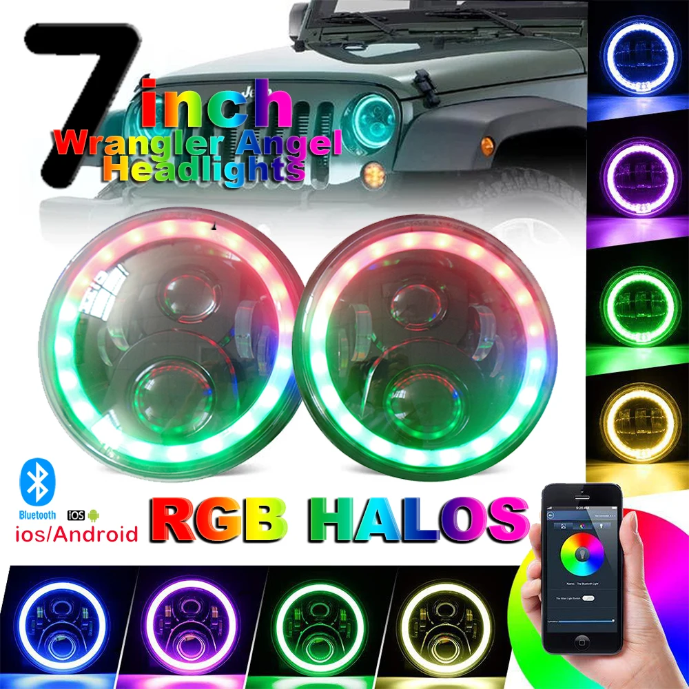 2x-rgb-7-led-farol-7-Polegada-redonda-drl-rgb-anjo-olho-aur-ola-anel ...