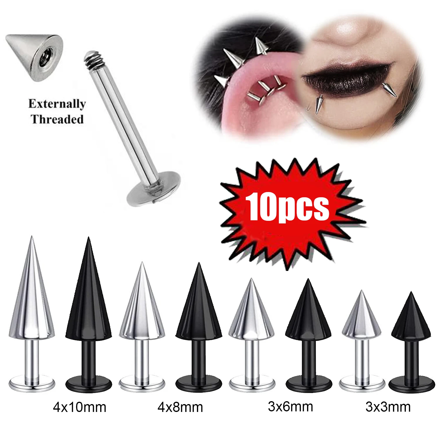 ZS-10pcs-lot-16G-Long-Spike-Lip-Rings-Stainless-Steel-Spike-Lip-Studs ...