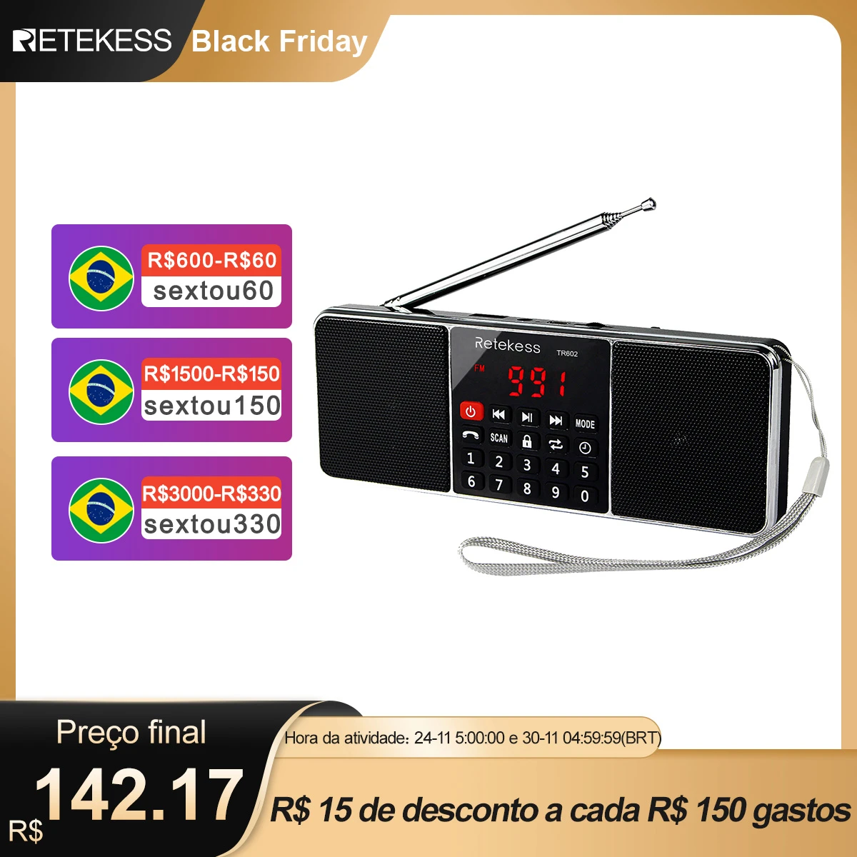 RETEKESS TR602 Rádio Portátil, Alto Falante, Digital, AM, FM, Bluetooth ...