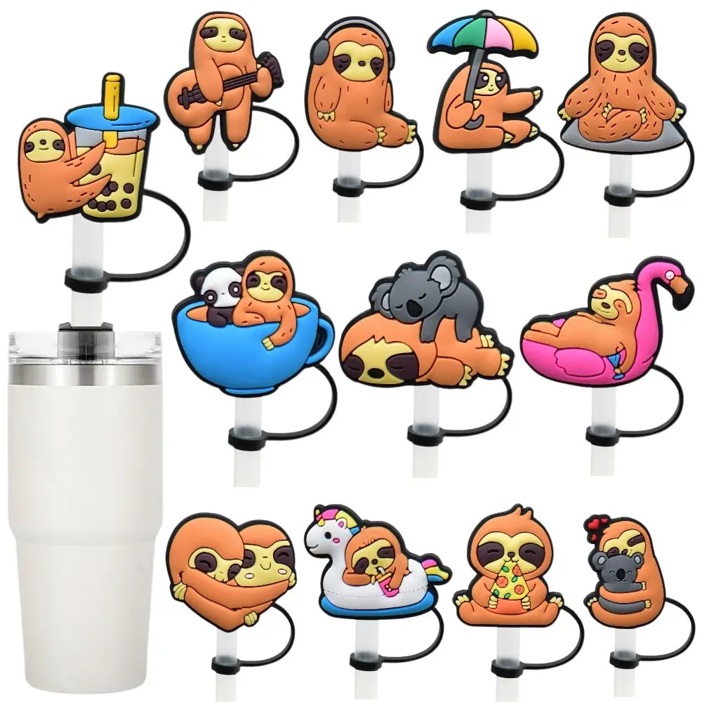 1-12Pcs-Cartoon-sloth-Straw-Cover-Cap-8MM-Drink-Straw-Plug-Reusable ...