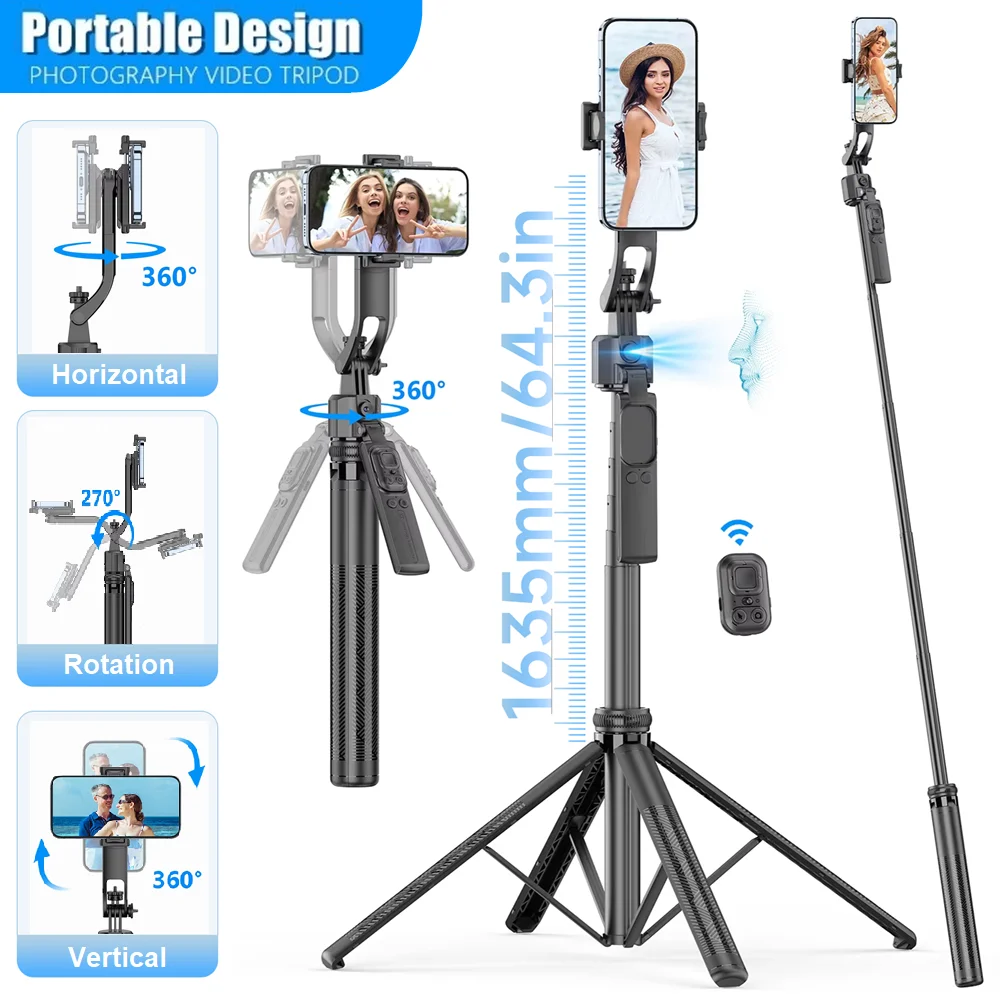 64.3'' Selfie Stick, Wireless Remote 360°Rotation Video Record Gimbals ...