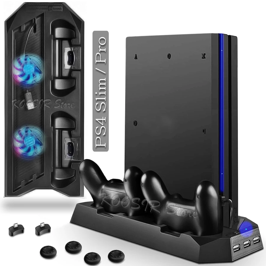 Ps4 슬림 게임 콘솔 수직 스탠드 냉각 팬 소니 플레이스테이션 4 슬림프로용 컨트롤러 충전 스테이션 2 개 포함 신제품