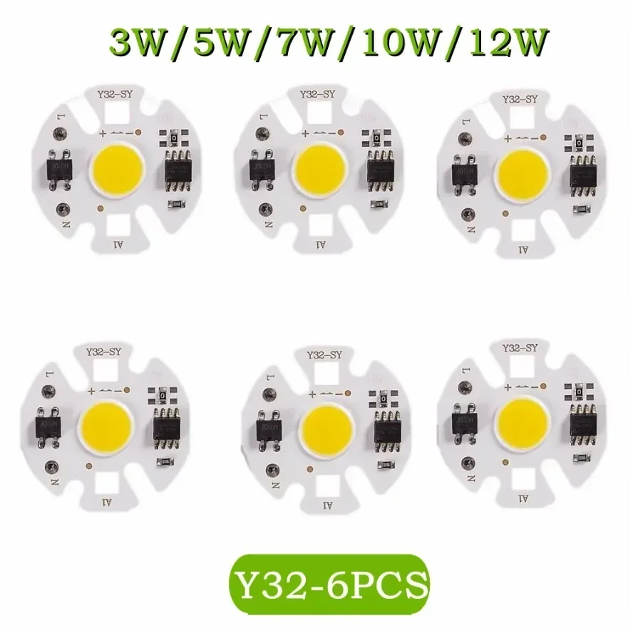 6PCS Y32 12W 10W 7W 5W 3W LED COB Lamp Chip Bulb Real Power Input IP65 ...