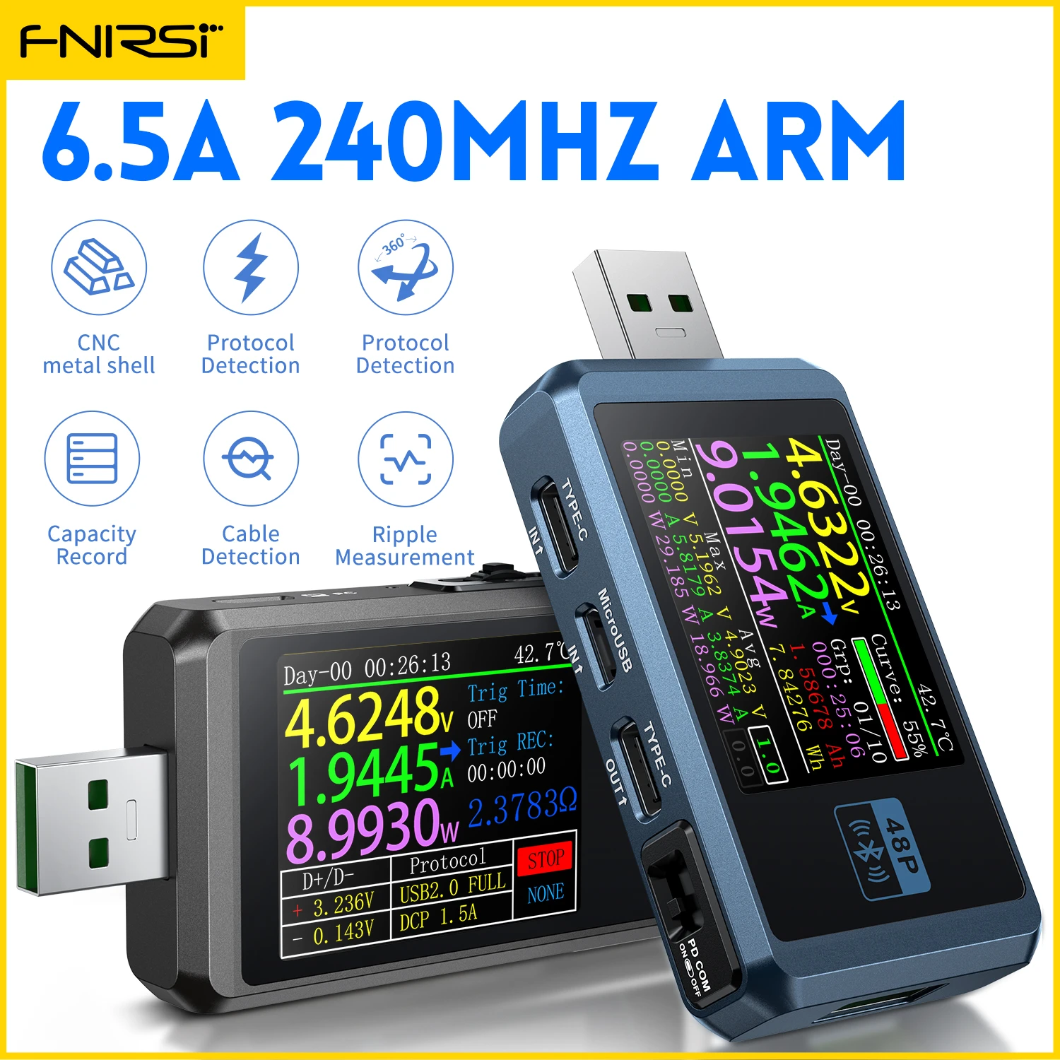 FNIRSI FNB48P Tester USB voltmetro amperometro TYPE C rilevamento della ...