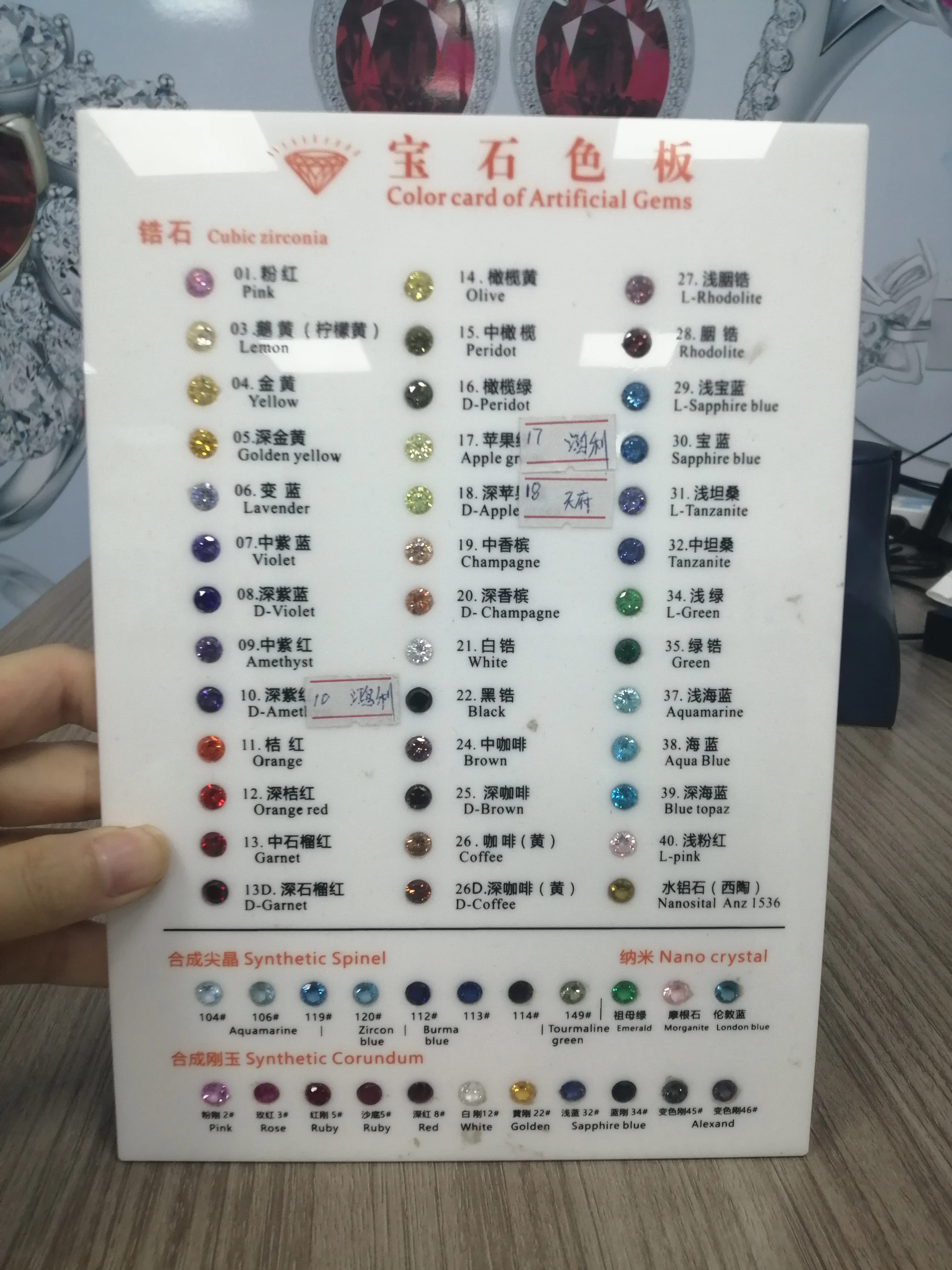 Color Card Of Artificial Gems Cubic Zirconia Corundum Spinel Nanosital ...