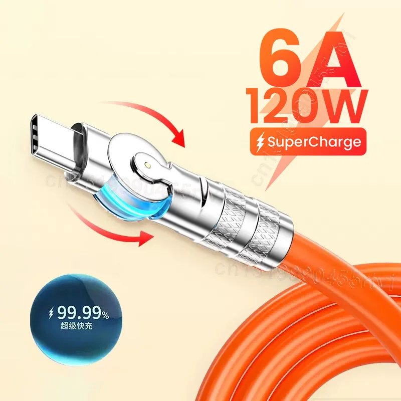 180° Rotatable 120W 6A Super Fast Charging Cable Liquid Silicone Mobile ...