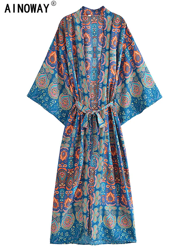 Vintage-Chic-Women-Multi-Floral-Print-Bohemian-Kimono-Robe-Ladies-V ...