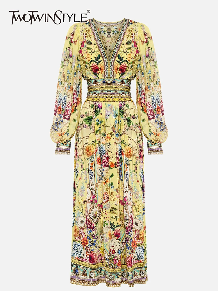 TWOTWINSTYLE-Hit-Color-Dresses-For-Women-V-Neck-Long-Sleeve-High-Waist ...