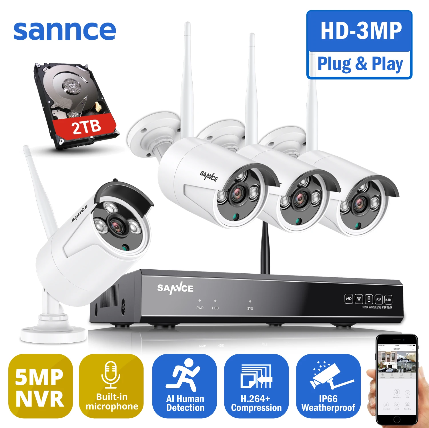 SANNCE 5MP 8CH Wireless Security Camera System 4PCS IP66 Weatherproof ...