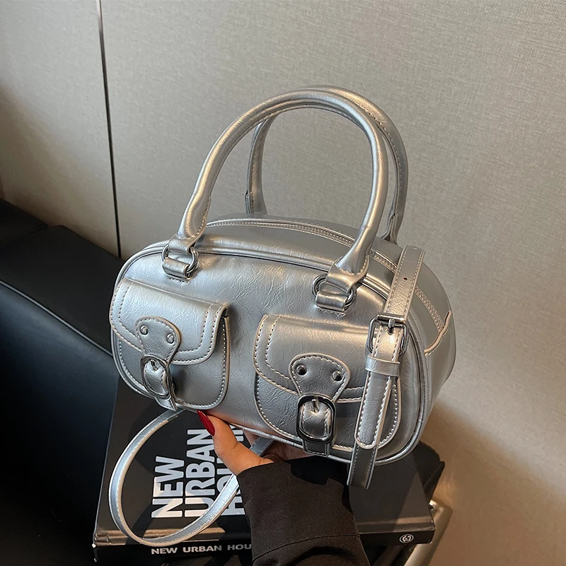 Luxury Silver Shoulder Bag Trendy Solid Color Leather Small Handbag ...
