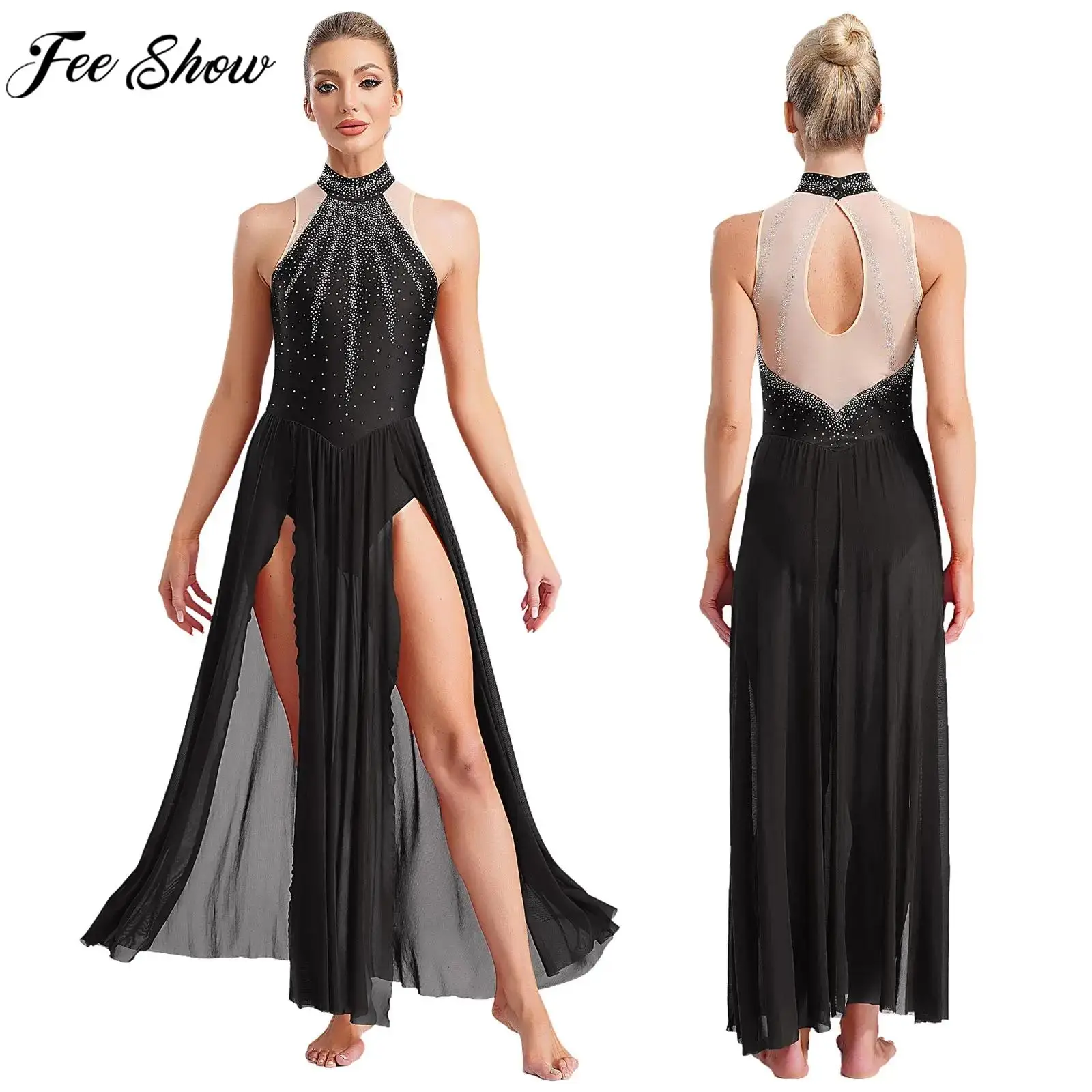 Women Modern Lyrical Dance Performance Costume Sleeveless Rhinestones ...