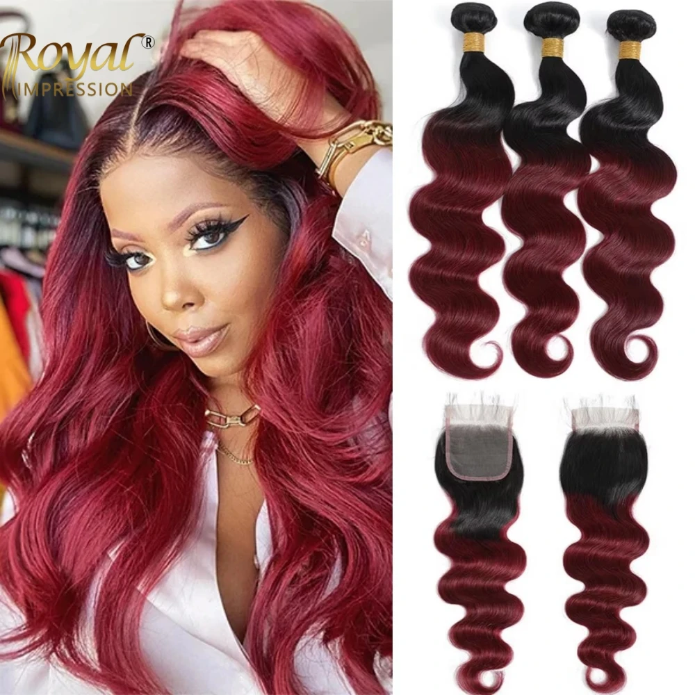 1B/99J Body Wave Bundles With Closure Brazilian Human Hair Weave ...