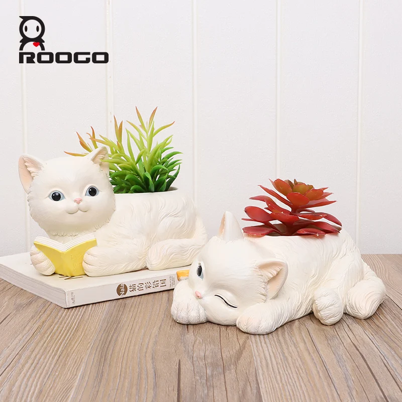 Roogo-Figurine-Animal-White-Cat-Bonsai-Flower-Pot-Ceramics-Succulent ...