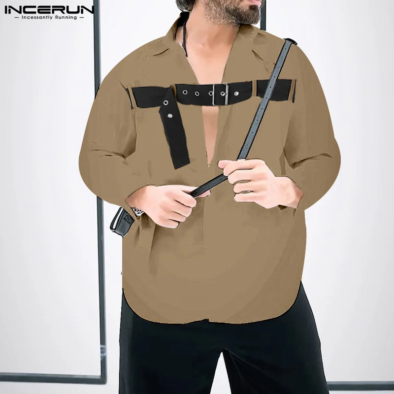 INCERUN-Men-Shirt-Patchwork-Lapel-Long-Sleeve-Button-Streetwear-Loose ...
