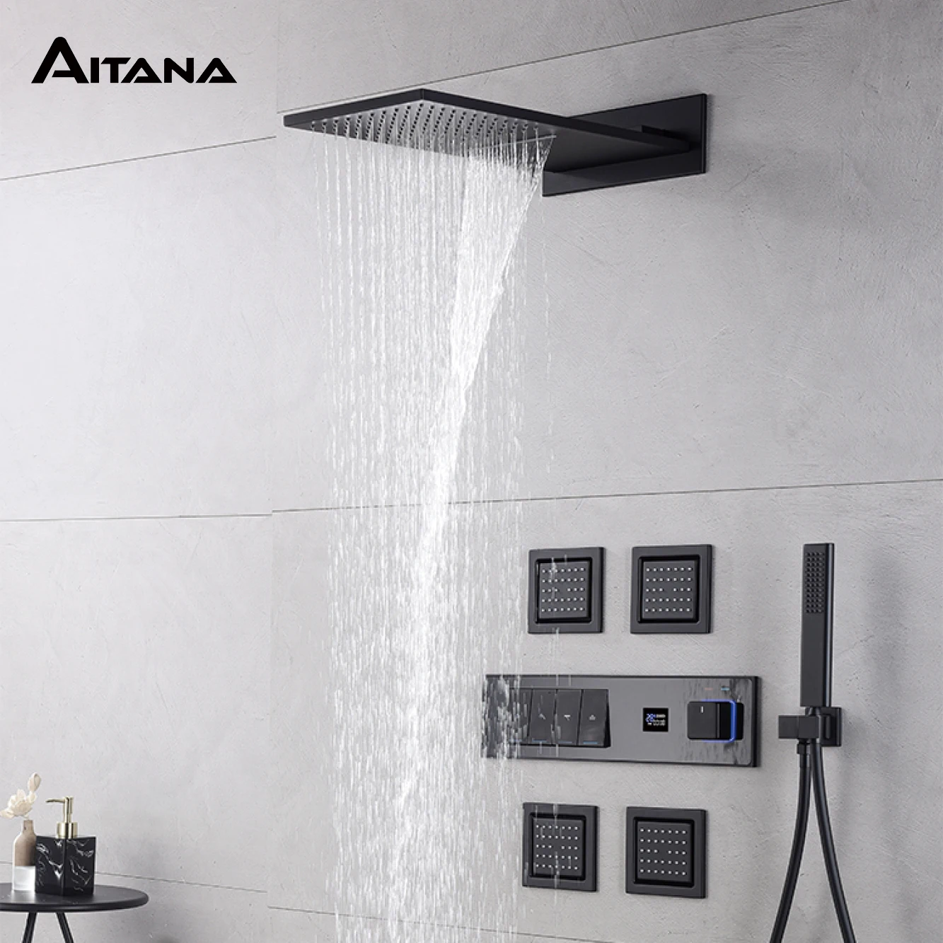 High-end-black-bathroom-shower-system-intelligent-digital-display-wall ...