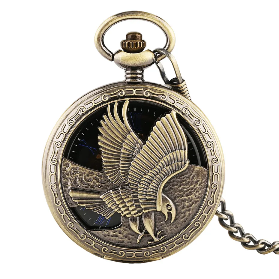 Vintage-Bronze-Hollow-Eagle-Hand-Wind-Mechanical-Pocket-Watch-Chain ...
