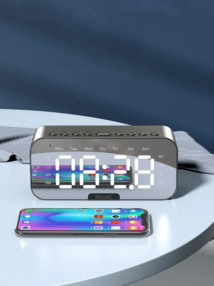 LED Digital Clock Alarm Clock with Bluetooth Speaker Mirror Bedroom ...