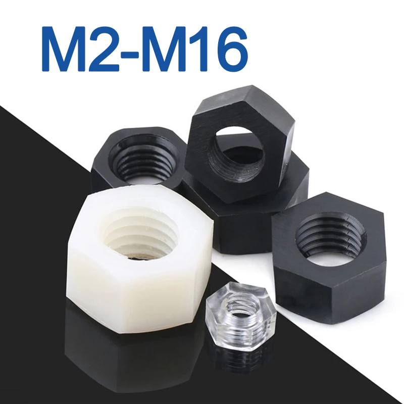 10/ 50PCS M2 M2.5 M3 M4 M5 M6 M8 M10 M12 M14 M16 White/ black Nylon Plastic Hex Nuts DIN934 for ...