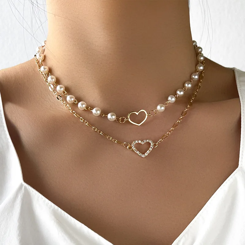 Fashion Double Layer Chain Necklaces For Women Crystal Heart Pendant ...