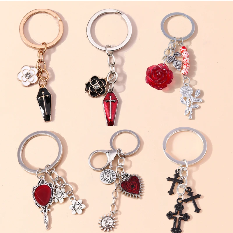 Gothic-Rose-Flower-Keychain-Steampunk-Metal-Cross-Key-Ring-Pendants-for ...
