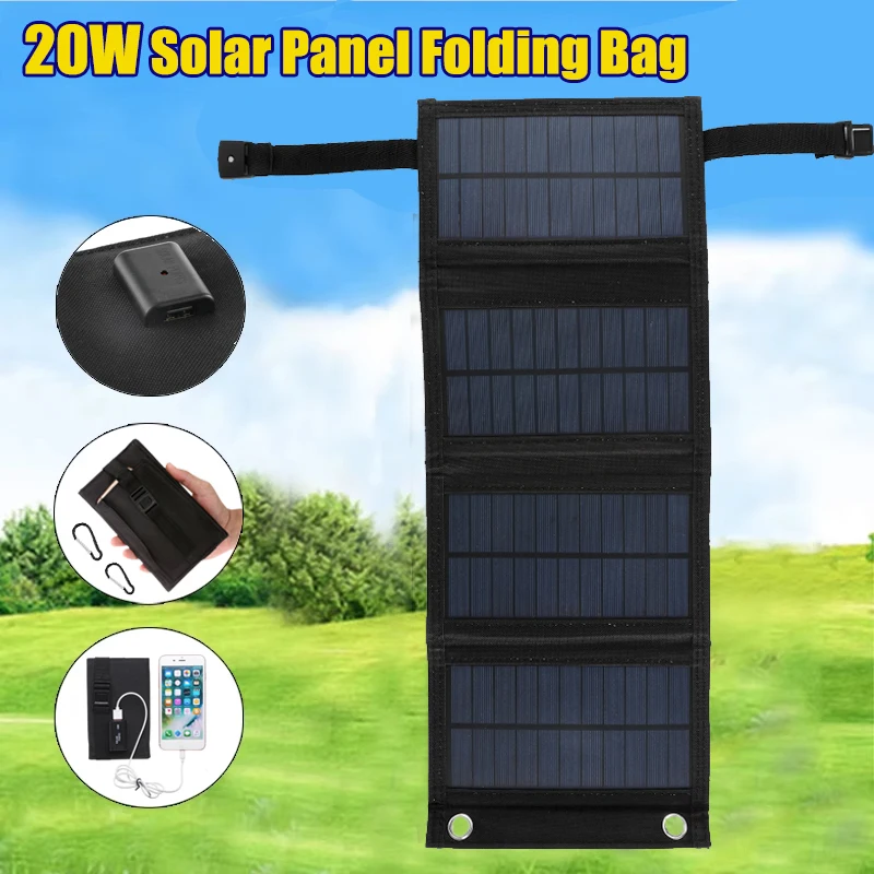 20W Foldable Solar Panel 5V USB Folding Bag Solar Cell Charger Power ...