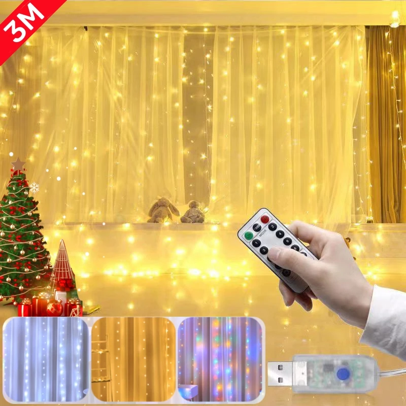 Christmas-Curtain-Garland-LED-Lights-String-USB-Remote-Control-Fairy ...