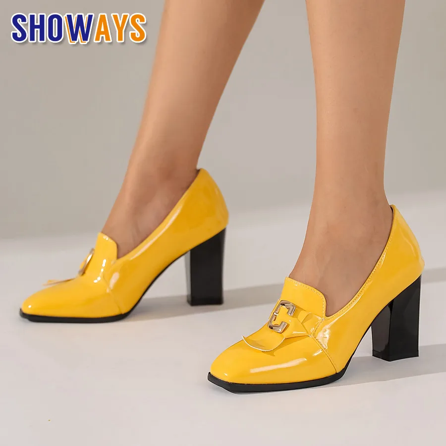 British-Women-s-Pumps-Square-Toe-High-Block-Heels-Loafers-Yellow-Green ...