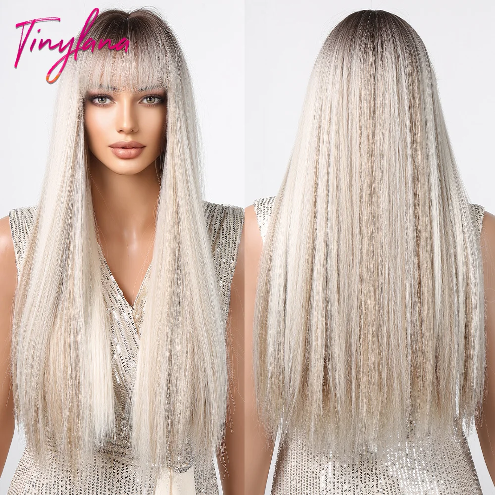 Long Straight Platinum Blonde White Synthetic Wigs with Bangs for Women Long Straight Platinum Blonde White Synthetic Wigs with Bangs for Women