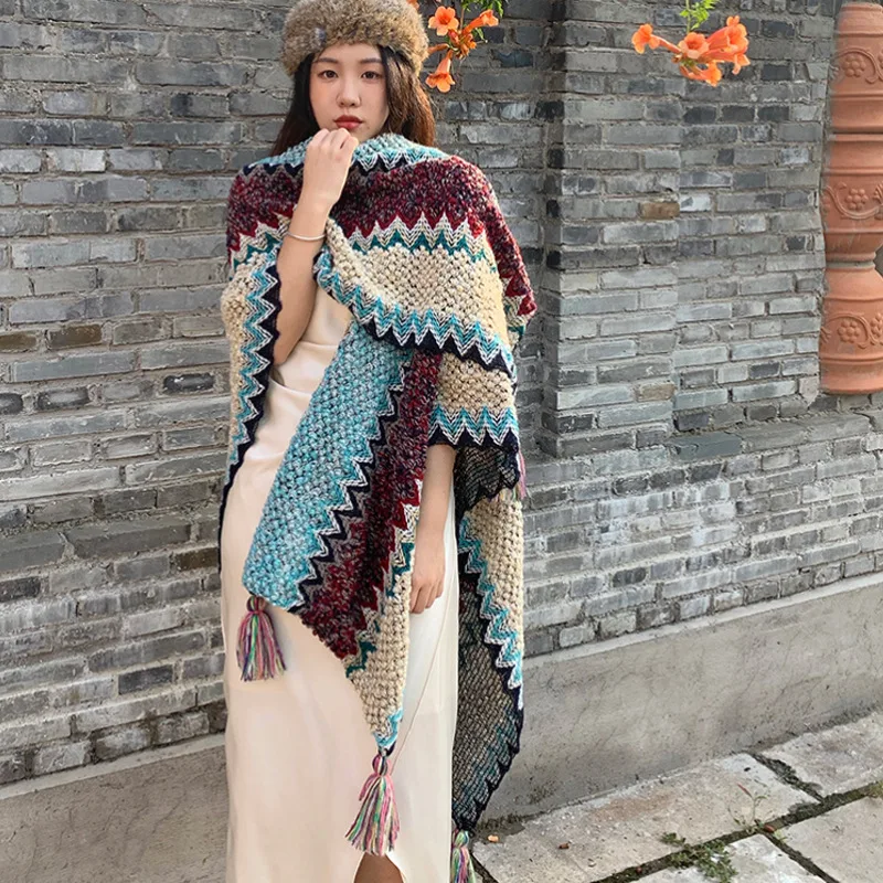 2022-Winter-Women-Knitted-Poncho-Shawl-Bohe-Style-Warm-Cardigan-Capes-Ethnic-Geometric-Fringed ...