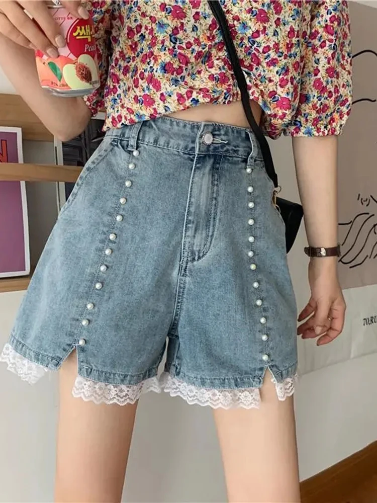 Summer-Thin-Lace-Stitching-Pearls-Button-Denim-Shorts-All-match-High ...