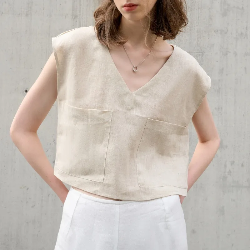Vintage 100% Linen Women Tank Tops Summer Sleeveless V-neck Casual ...