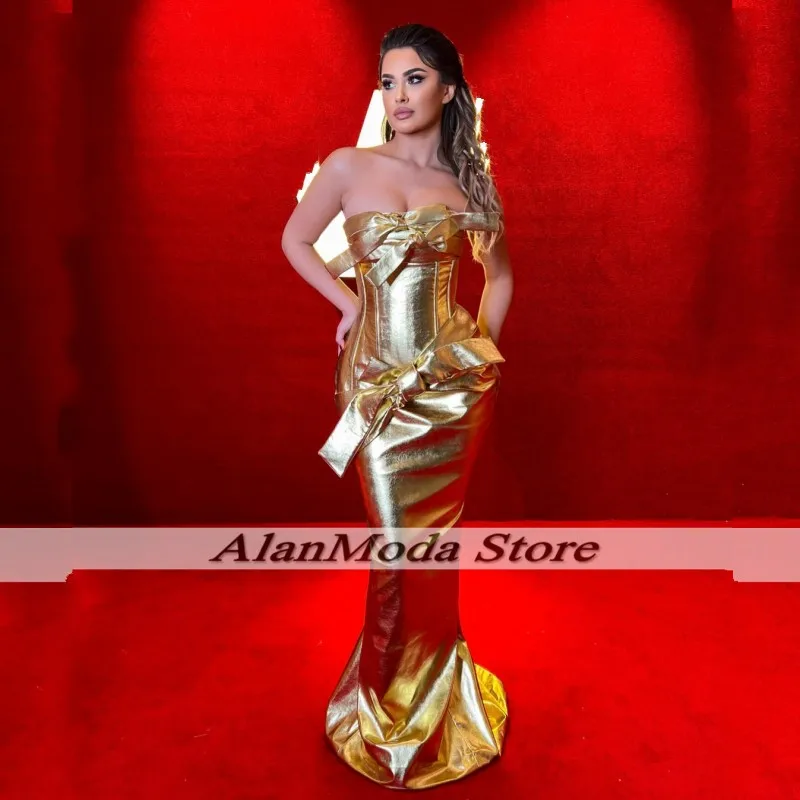 Elegant-Gold-Red-Carpet-Dress-Strapless-Soft-Leather-Mermaid-Evening ...