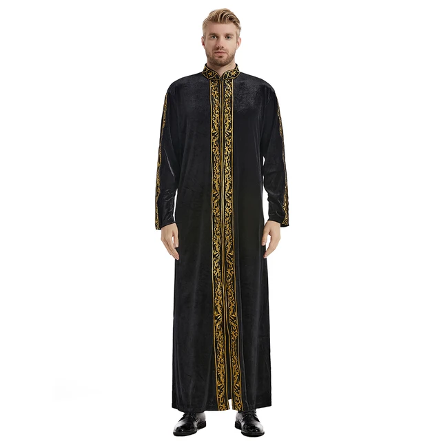 Men's Muslim Stand Collar Embroidery Ramadan Thobe with Long Sleeves ...